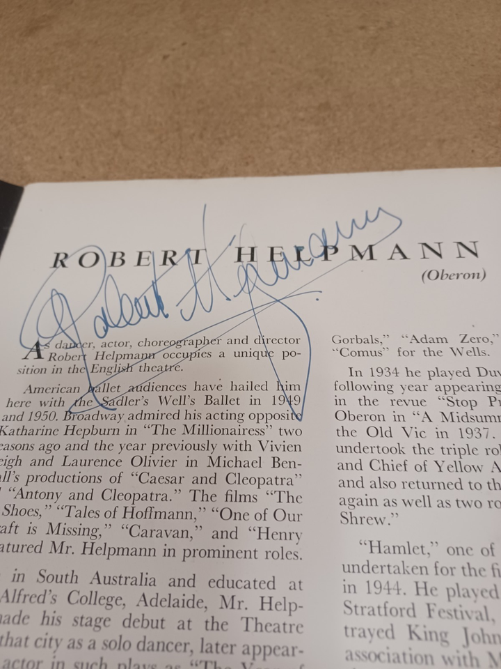 ROBERT HELPMANN Program-SIGNED -BALLET - SHAKESPEARE - Midsummer Night ...
