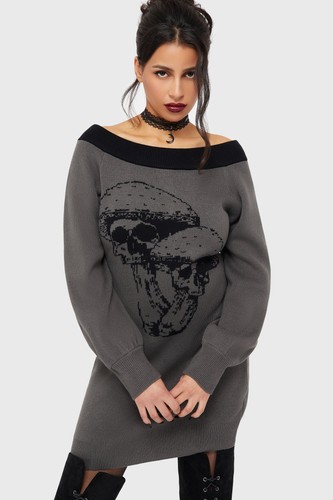 Killstar Skullcap Sweater Mini Dress Womens Grey/Black Off Shoulder ...
