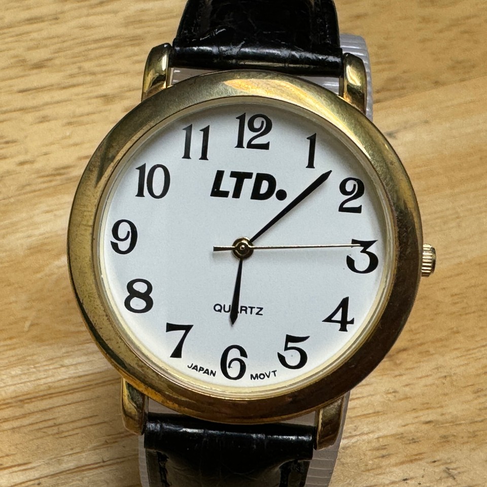 LTD Quartz Watch Men Gold Tone Japan Movt Easy Read Leather Analog New ...