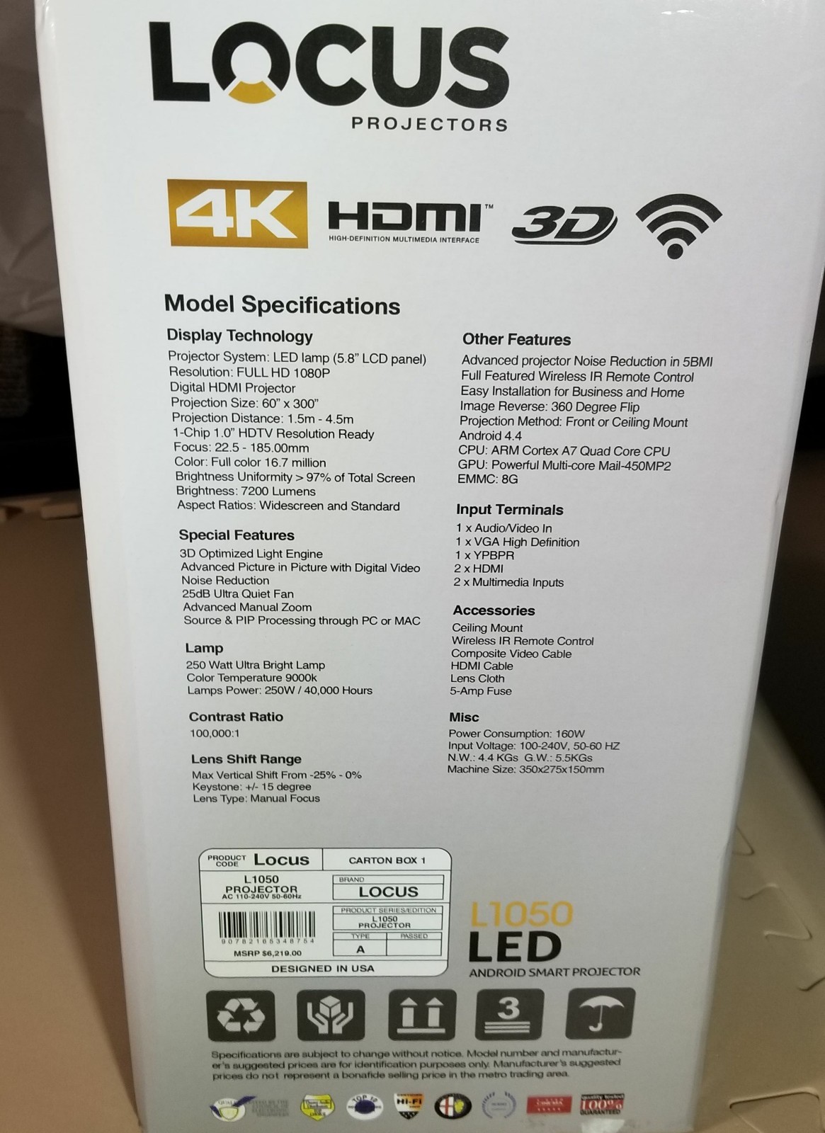 Locus L1050 Android Smart Projector with 72" Self Lock Screen 4k 3D ...