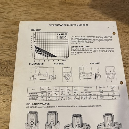 Grundfos Variable Head Circulator Pump UMS 20-28 Specification Sheet | eBay