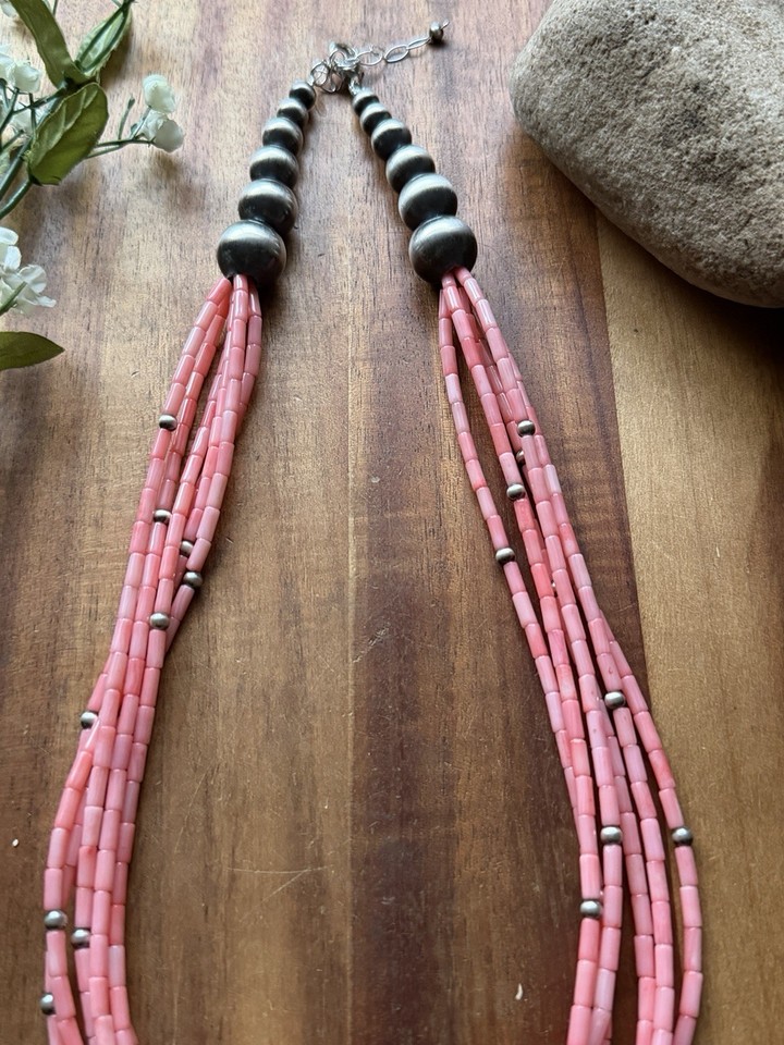 Sterling Silver Multi Strand Pink Coral Pearls Bead Necklace 22 inch ...