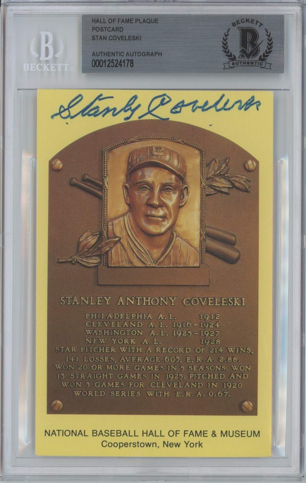 Stan Coveleski Autographed Signed Mike Roberts Plaque Postcard Beckett ...