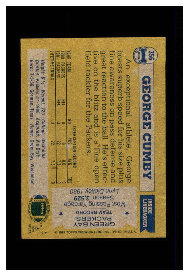 1982 TOPPS FOOTBALL CARD GREEN BAY PACKERS #356 GEORGE CUMBY | eBay