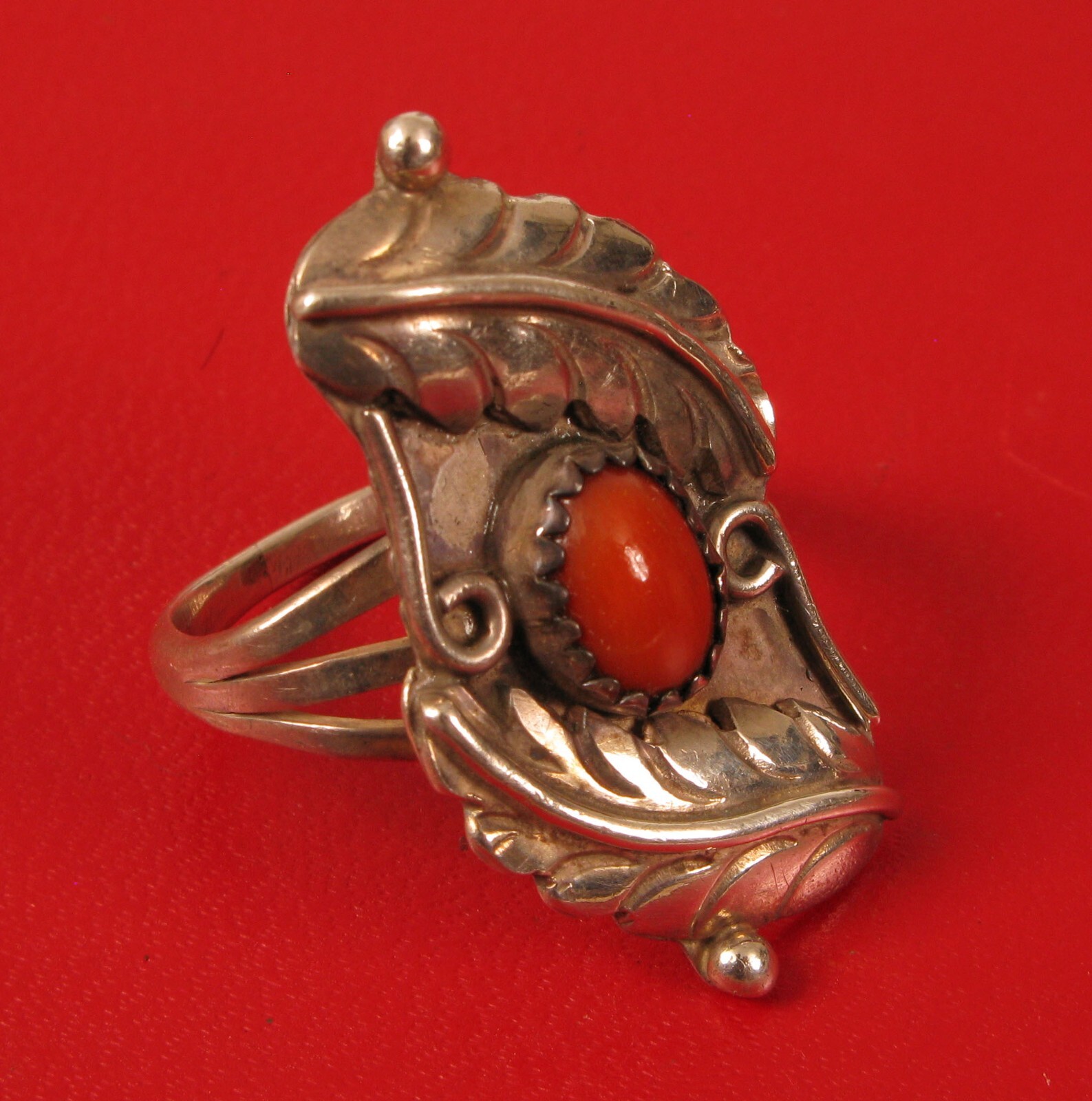 VINTAGE STERLING SILVER NATIVE AMERICAN SOUTHWEST CORAL RING S10 NICE ...