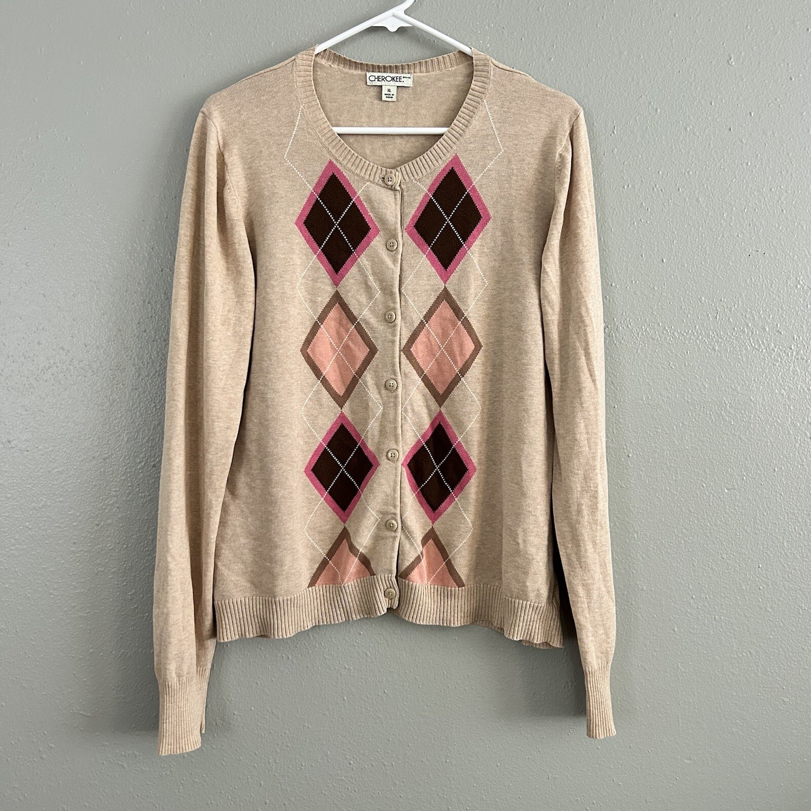 Cherokee Pink Brown Tan Argyle Cardigan Sweater Size … - Gem