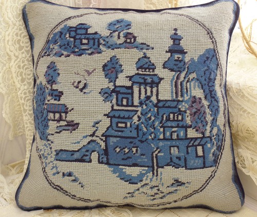 13.5" Vintage Needlepoint Willow Pattern Pillow Cover Blue White Chinoiserie | eBay