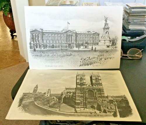 2 Lithograph Prints, Ron Marsden, Westminster Abbey & Buckingham Palace ...
