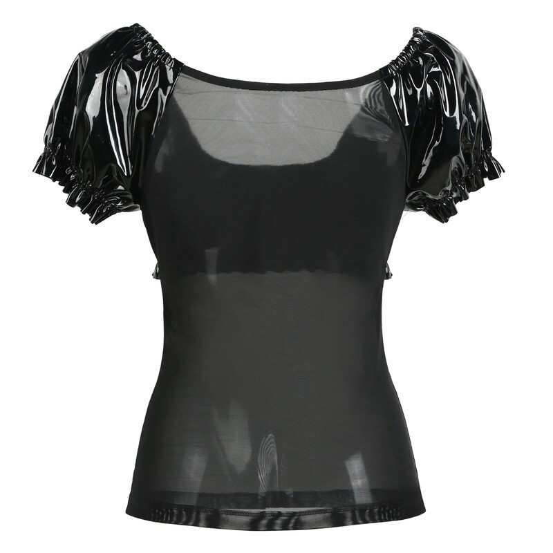 Ladies Gothic Punk Shiny PVC Sheer Mesh Blouse Top Off Shoulder Sexy ...