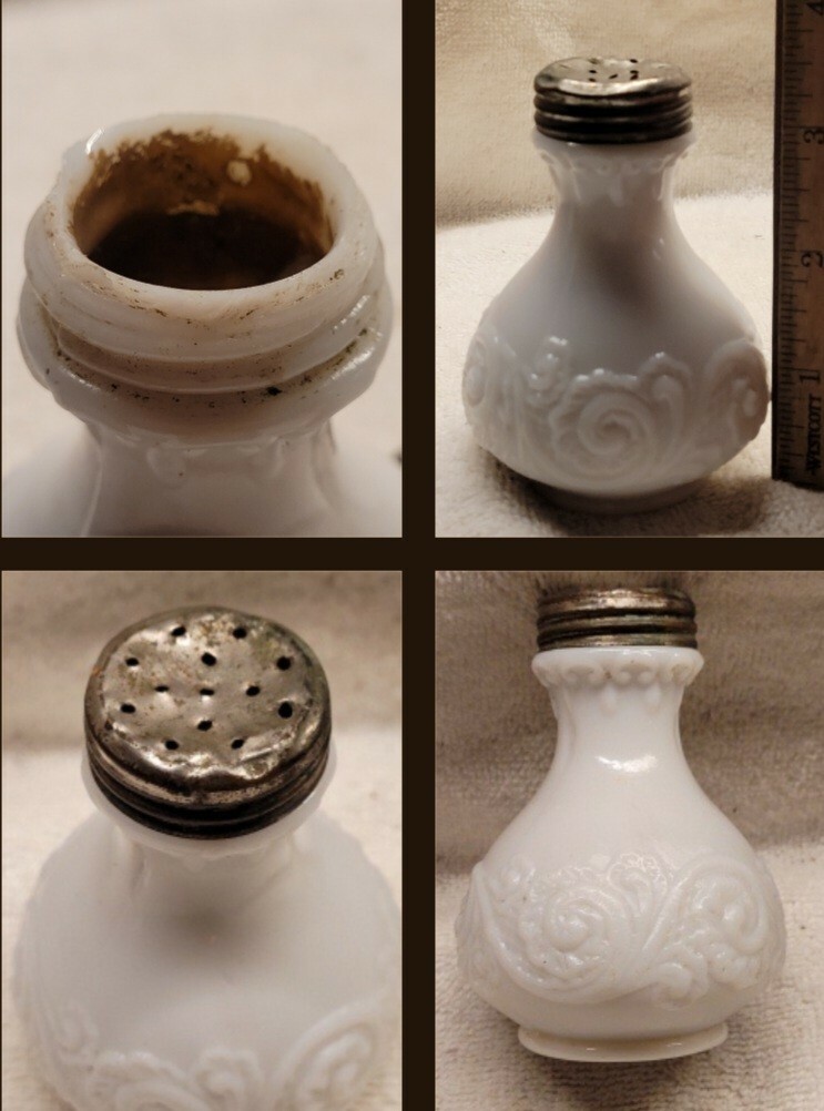 EAPG Embossed Milk Glass Scroll Pattern Salt Shaker Sheared Top | eBay