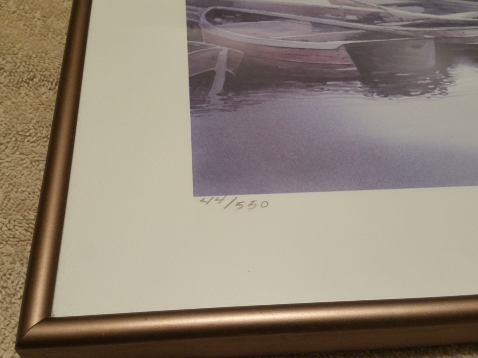 Art watercolor print Rick Burger Dawn Boat Harbor rare framed signed 44 ...