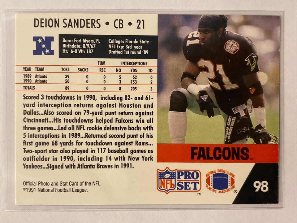 1991 NFL Pro Set Series 1 #98 Deion Sanders Atlanta Falcons | eBay
