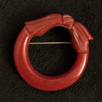 Vtg. Carved Cherry Red Bakelite Circle Bow Brooch Pin | eBay Australia