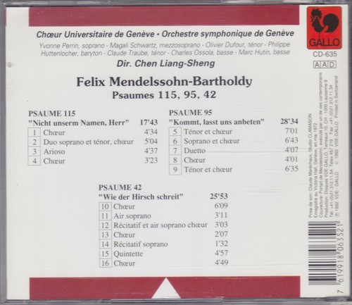 Mendelssohn: Psaumes 115, 95, 42 - Chen Liang-Sheng (CD, 1992) | eBay