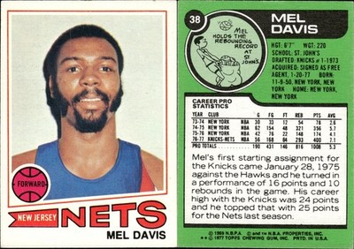 1977-78 Topps Basketball Card #38 Mel Davis | eBay