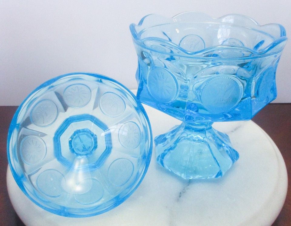Vintage Fostoria Aqua Blue Coin Glass Pedestal Covered Candy Dish | eBay