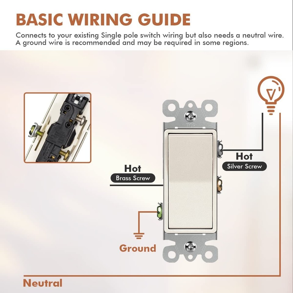 10 Pack Decora Light Switch,Ivory, Single Pole Paddle Rocker,15A 120V ...