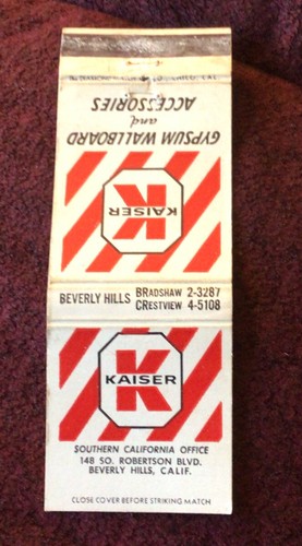 Matchbook Cover Kaiser Gypsum Wallboard and Accessories Beverly Hills ...