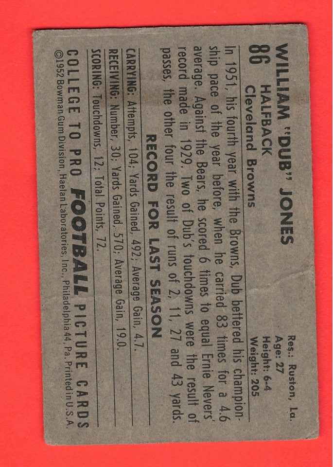 1952 Bowman Small - #86 - Dub Jones - Cleveland Browns - G/VG - F0838 ...