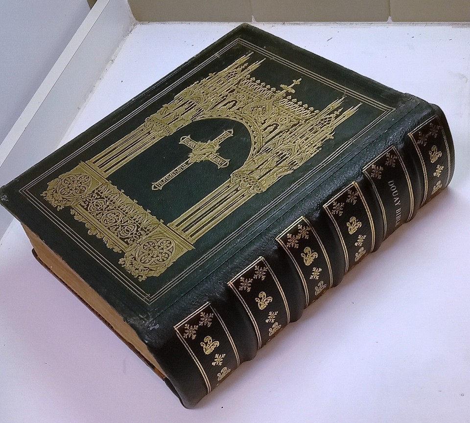 LARGE FULL LEATHER FAMILY CATHOLIC DOUAY VULGATE BIBLE; CA 1870, BRITE ...