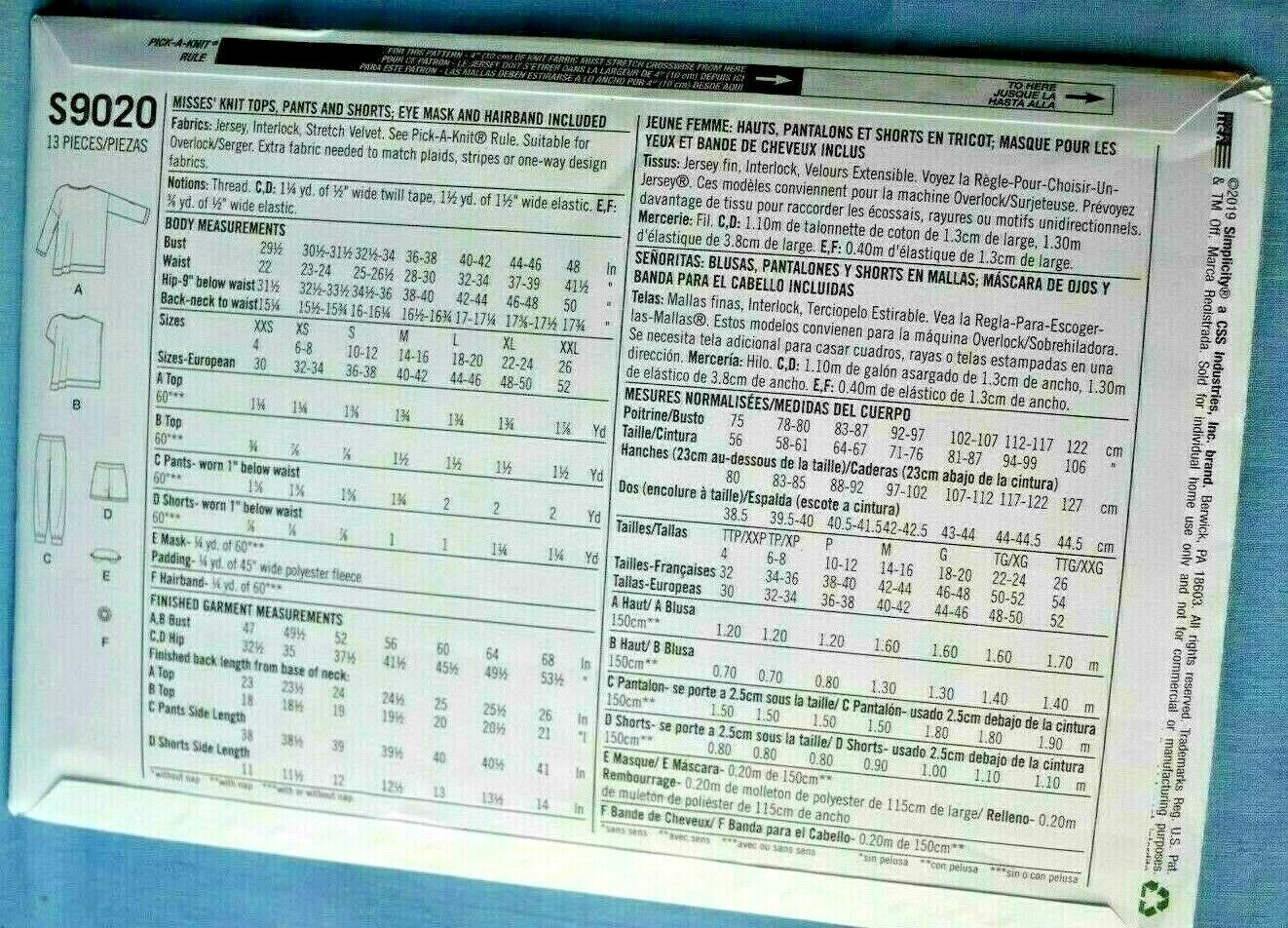 Simplicity Pattern 9020 Top Eyemask Misses Size XXS XSM SM Med LRG XLG ...
