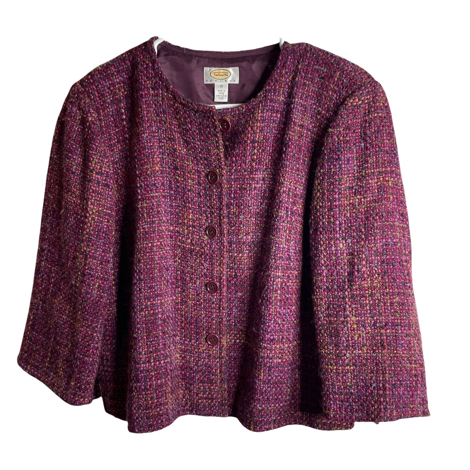 Talbots Tweed Jacket Blazer Purple 5 Button size 12 P… - Gem