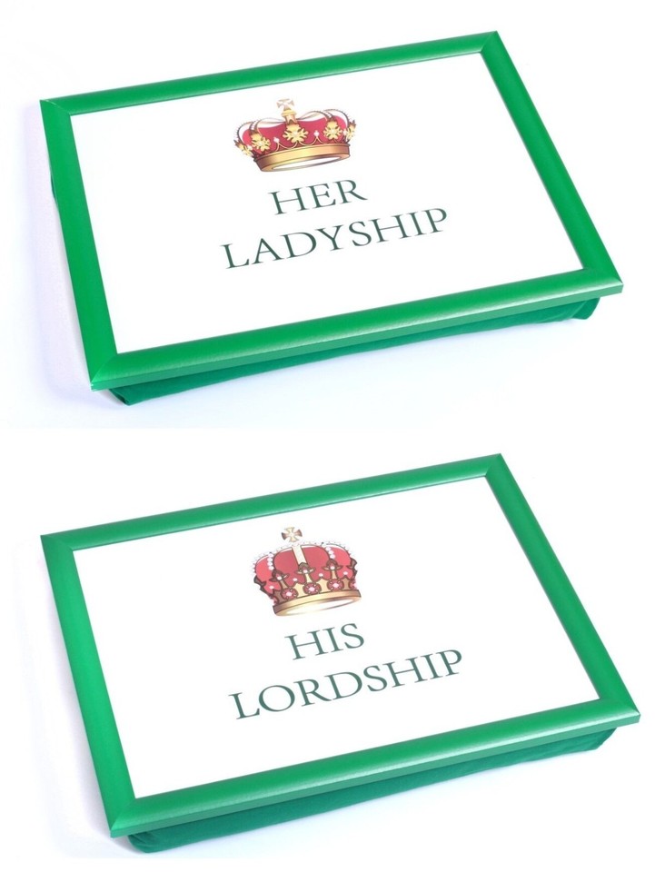 HIS LORDSHIP & HER LADYSHIP BEAN BAG PADDED CUSHION LAP TRAY SET TV BED ...