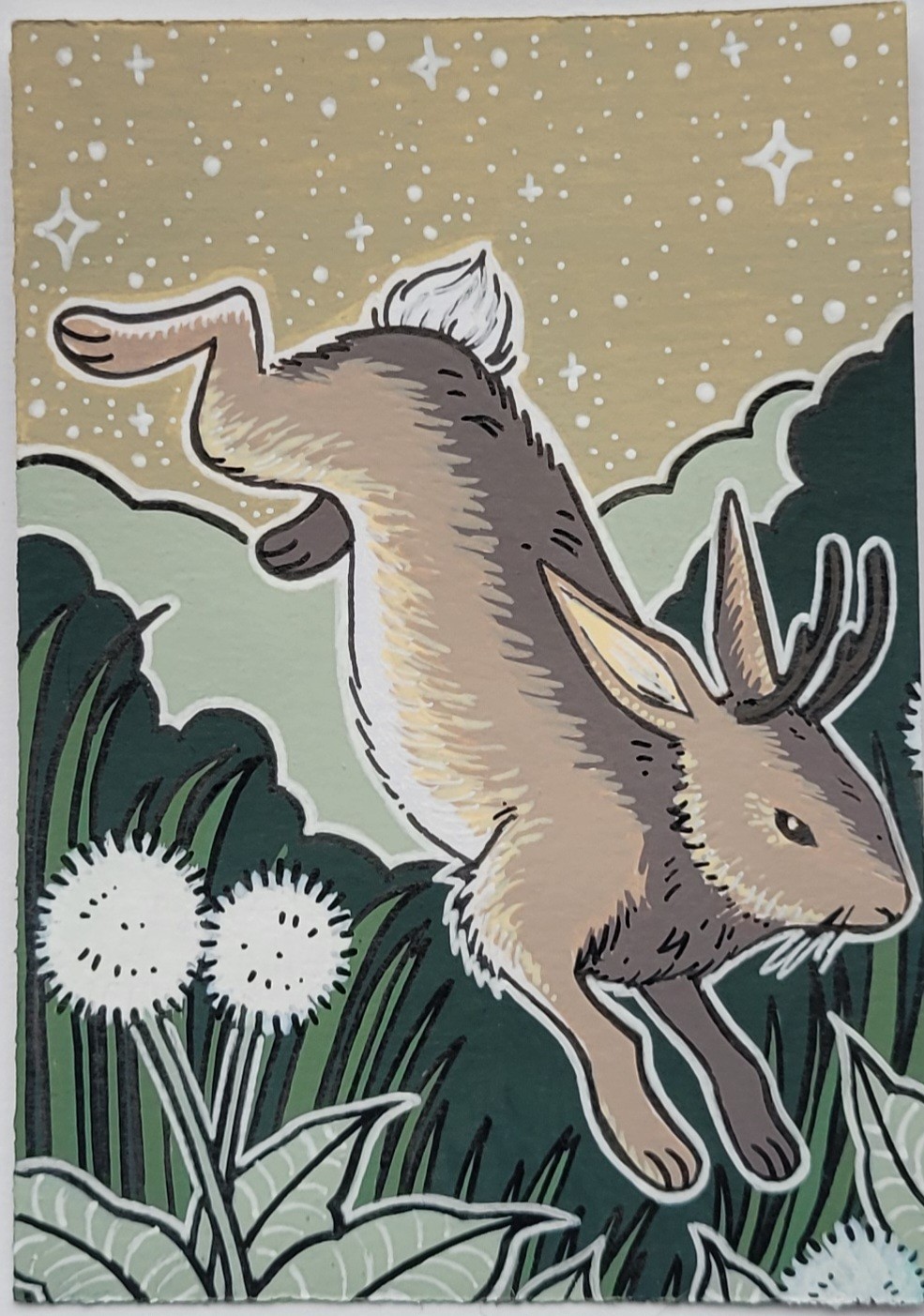 ACEO Art Card Original, Leaping Jackalope Cryptid, 2.5inx3.5in Signed ...