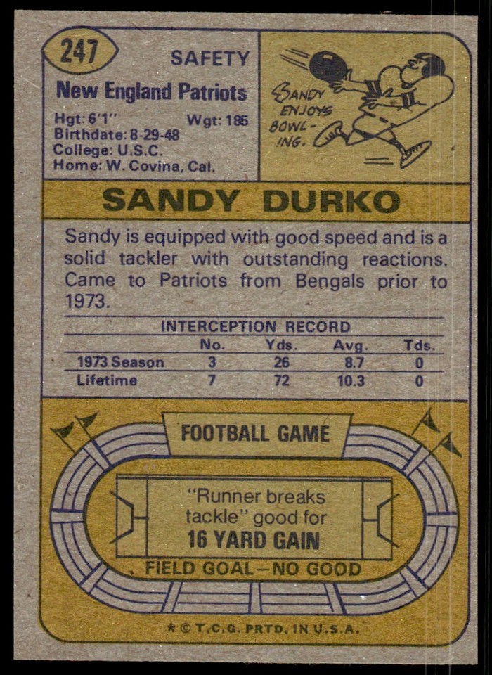 1974 TOPPS SANDY DURKO B RC NEW ENGLAND PATRIOTS #247 | eBay