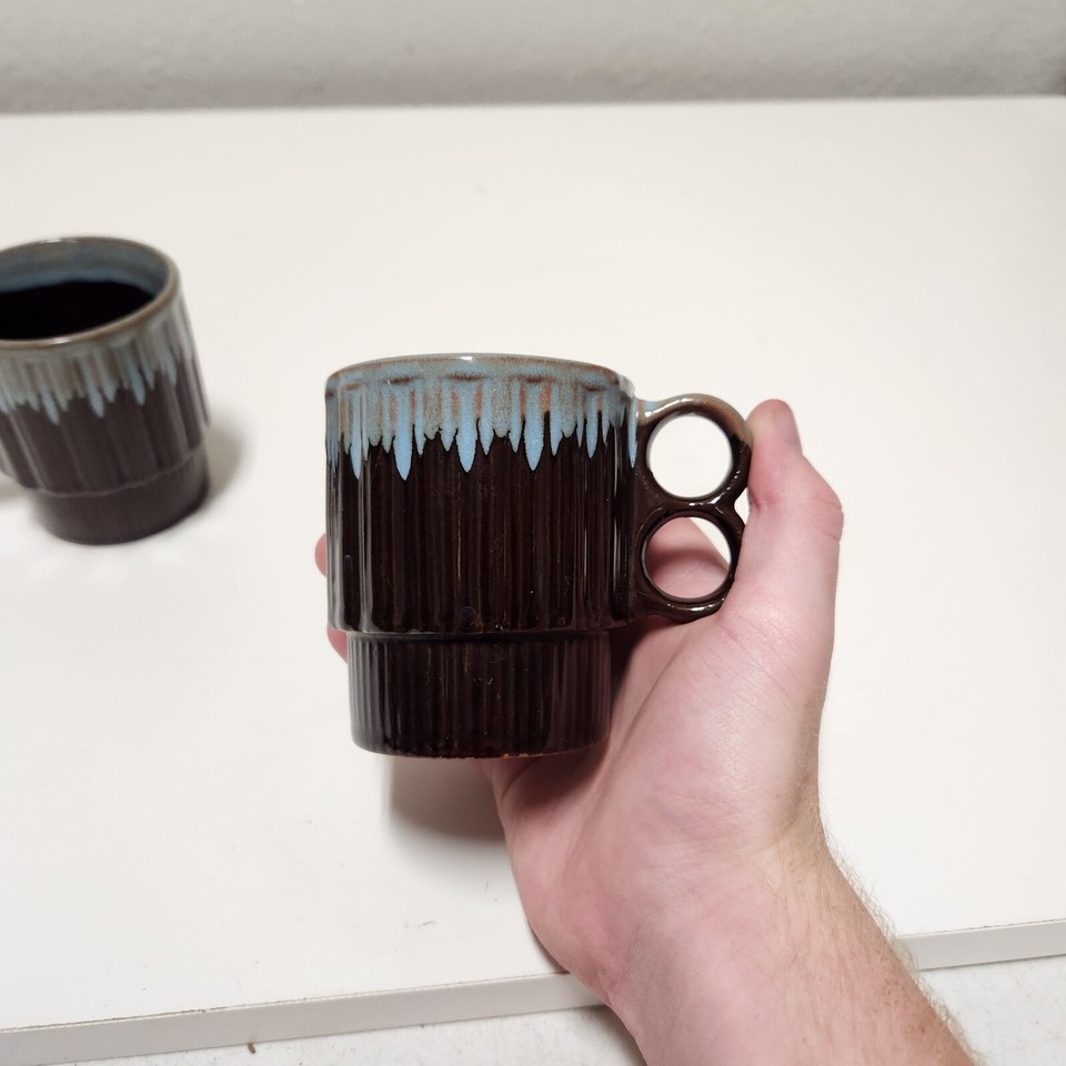 2 Vintage MCM Drip Glaze Double Trigger Two Finger Handle Coffee Mugs ...