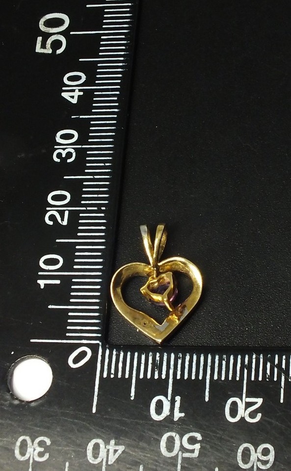 375 9ct YELLOW GOLD .01CT DIAMOND & AMETHYST Lavalier Heart Pendant, 1 ...
