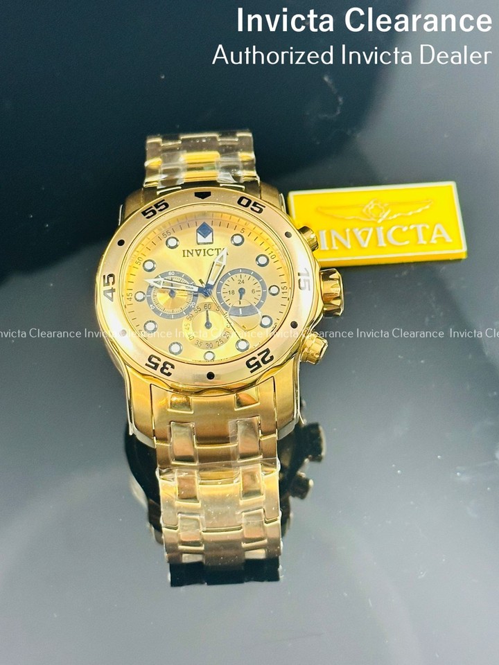 Invicta Pro Diver Scuba 18K Gold Plated Gold Dial Chrono SS Mens ...