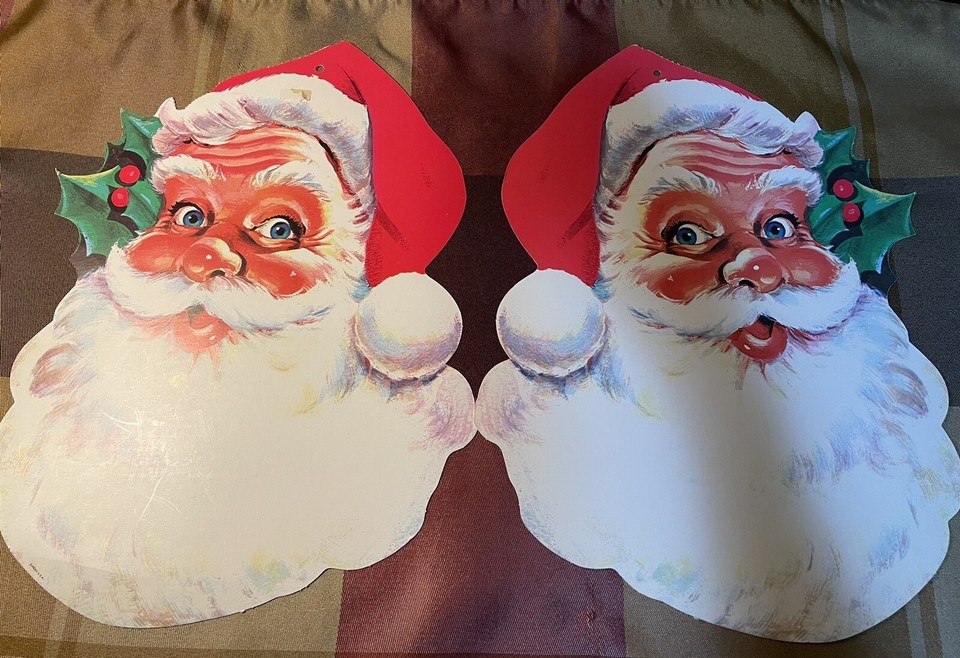 Set Of 2 Vintage Double Sided 14” Santa Face Die Cut Christmas ...