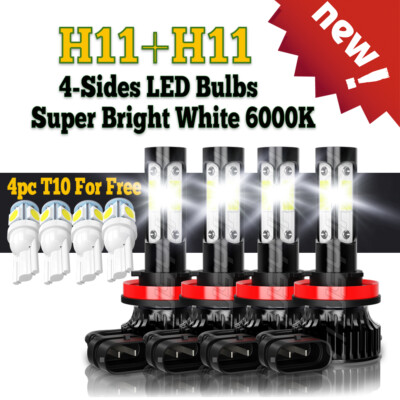 H11+H11 LED Headlight Kit Combo Bulbs 6000K High Low Beam Super White ...