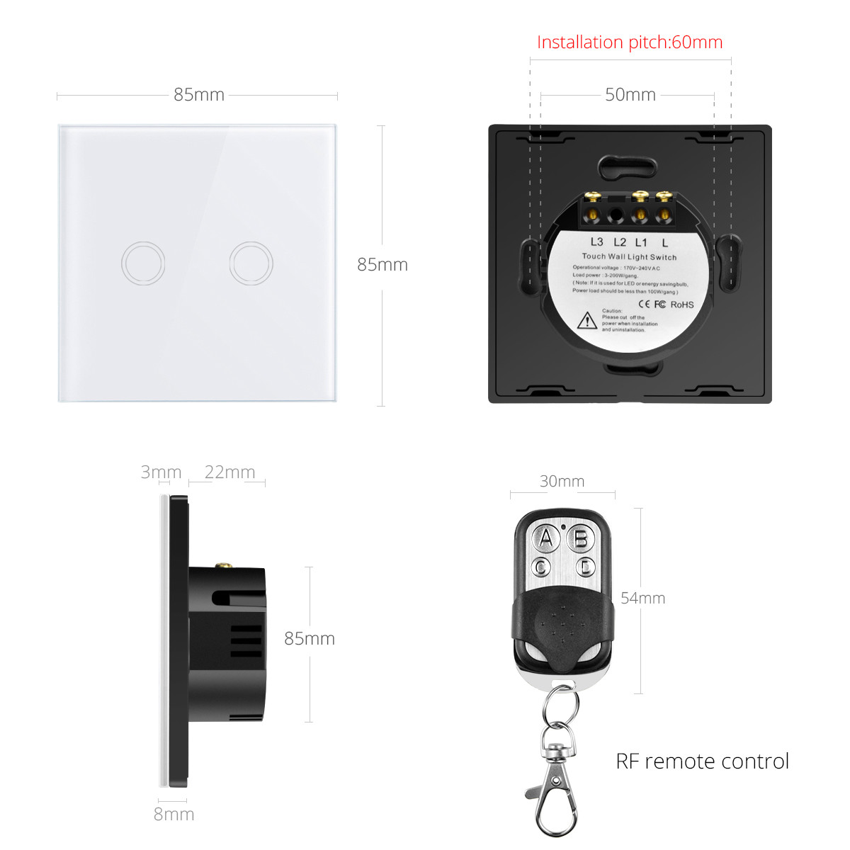 433Mhz 1/2/3 Gang Glass Panel LED Wall Light Touch Switch EU/UK Plug+RF ...
