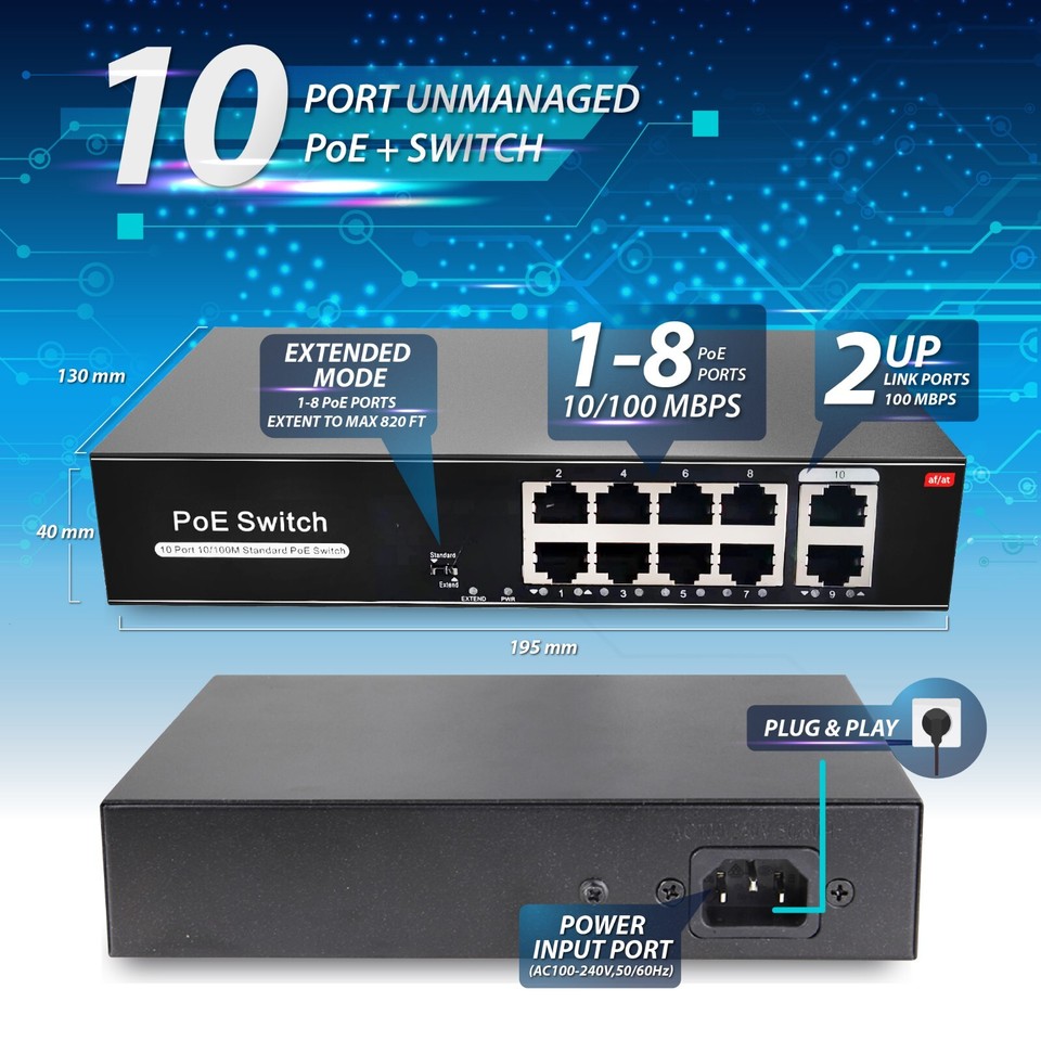 8 Port PoE Switch With 2 Uplink 120W Extend to 250Meter Unmanaged 803 ...