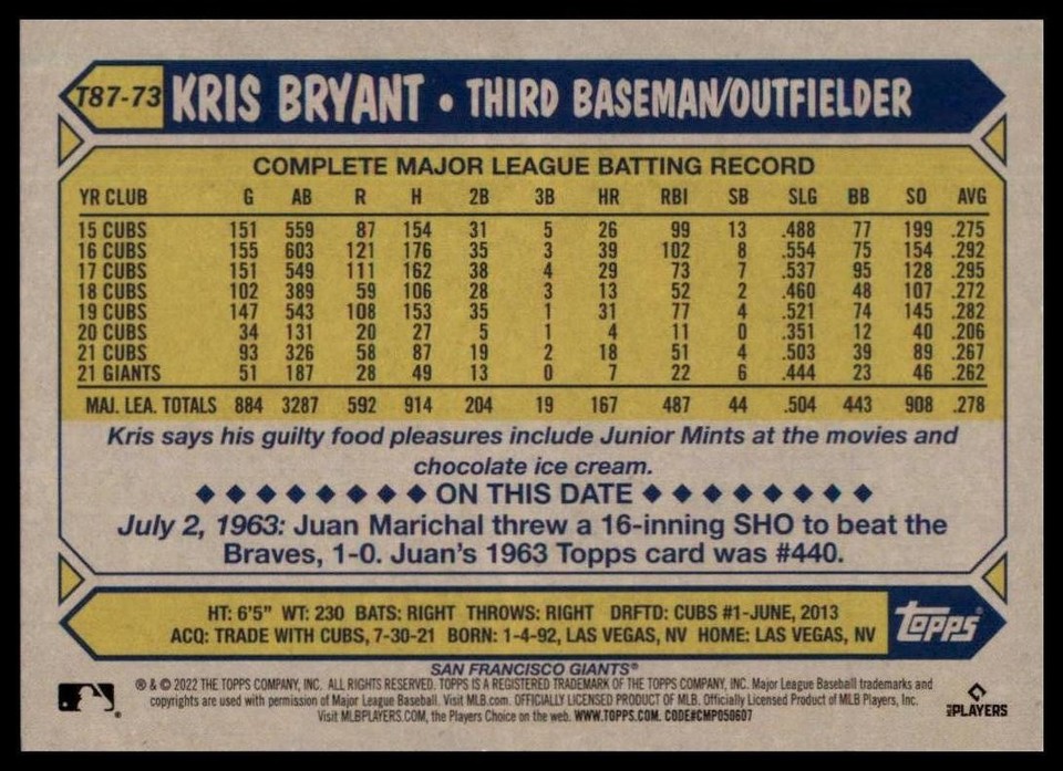 2022 Topps Kris Bryant #T87-73 1987 Topps Baseball 35th Anniversary | eBay