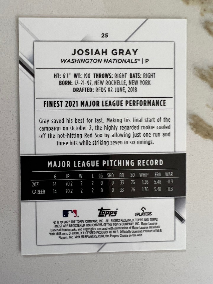 Josiah Gray Washington Nationals 2022 Topps Finest Refractor Rookie ...