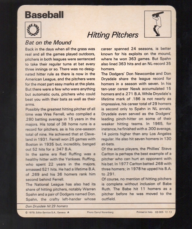 1979 SPORTSCASTER BASEBALL CARD HITTING PITCHERS 77-13 ITALY NM | eBay