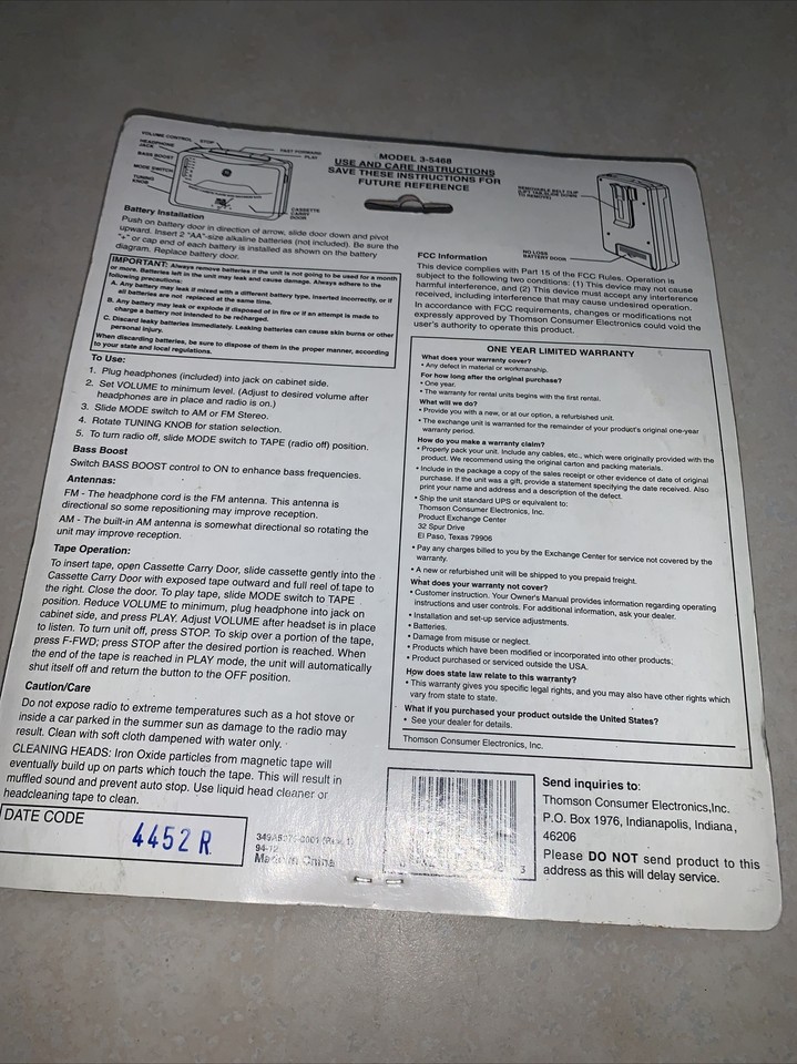 GE General Electric Personal Stereo Cassette Player 3-5468 Walkman w ...