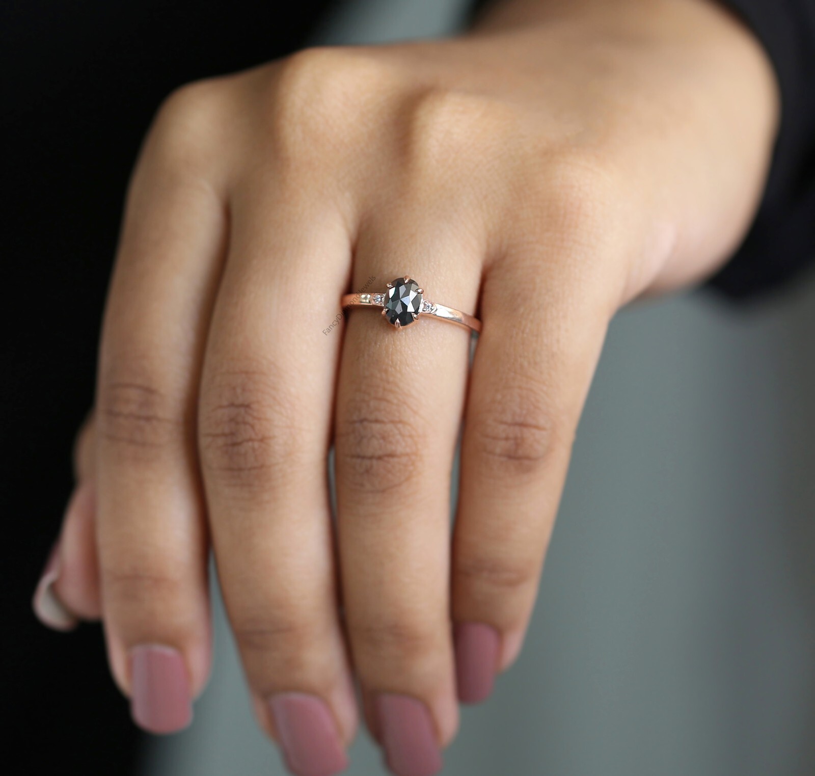 0.84 Ct Natural Oval Black Color Ring Diamond 14K Rose Gold Engagement ...