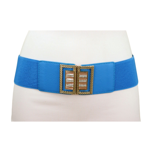 Women Blue Wide Elastic Waistband Fashion Belt Gold Bling Square Buckle ...