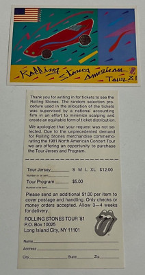 Vintage 1981 Rolling Stones American Tour Ticket Rejection Post Card w ...