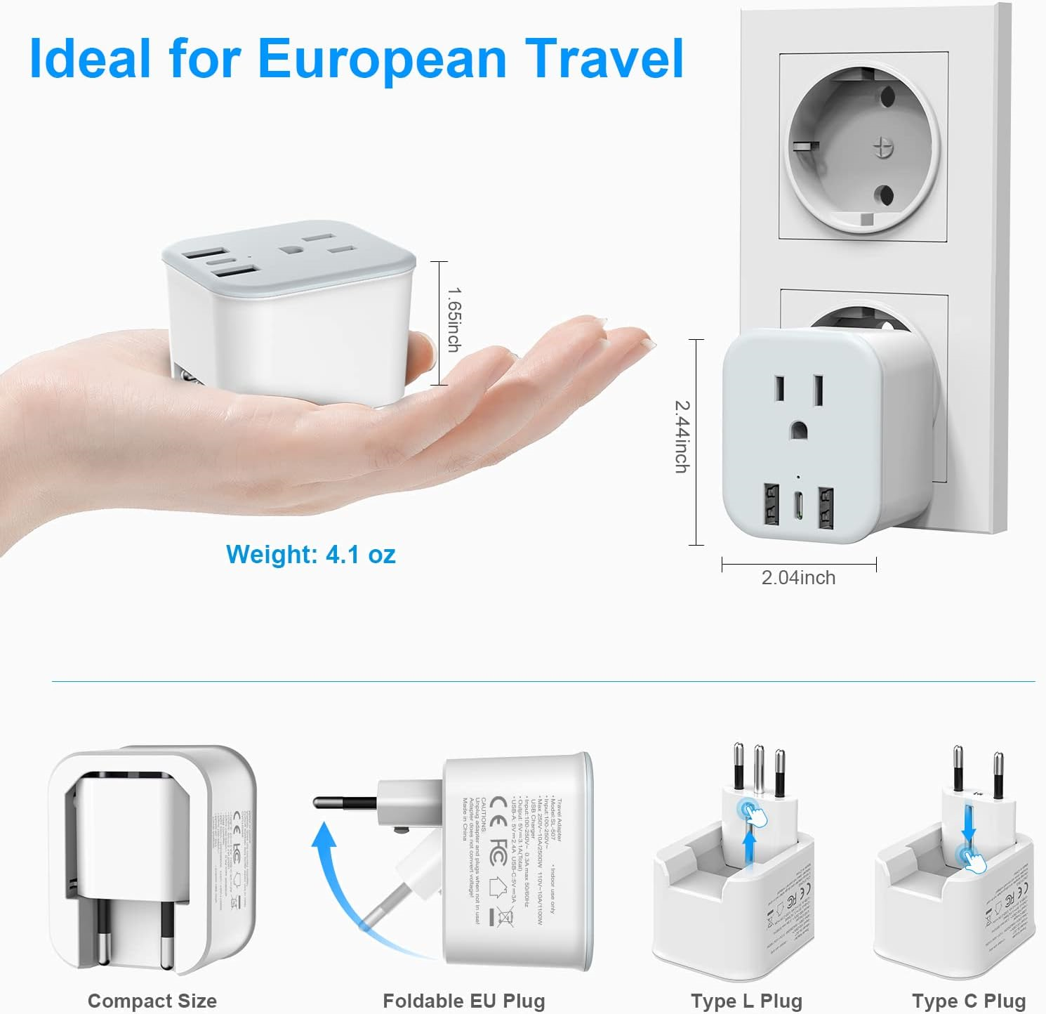 European Travel Plug Adapter Foldable International Power Plug Adapter ...