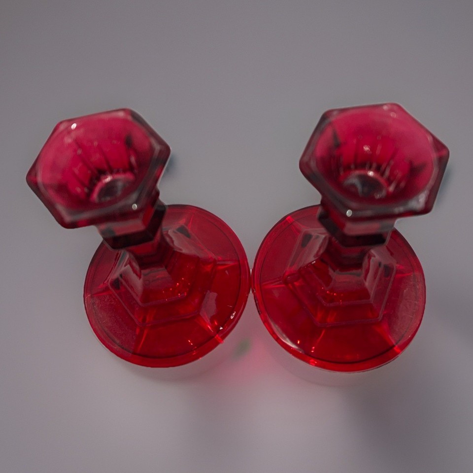 Pair Vtg Indiana Glass USA Ruby Red Flash Glass Taper Candlesticks ...