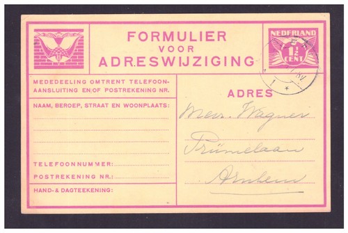 Dutch Nedeland Formulier Voor Adreswijziging 1 1/2 cent postcard WE689A ...