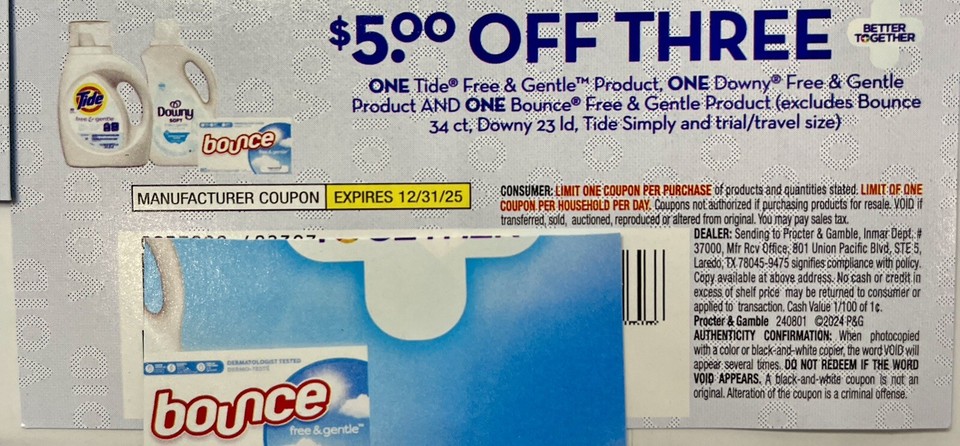 $5 Off Tide Detergent Downy Bounce Softener Laundry Coupons Exp 12/25 ...