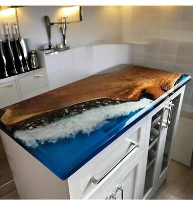 Blue Resin Epoxy Ocean Themed Kitchen Countertop Handmade Wooden Study ...