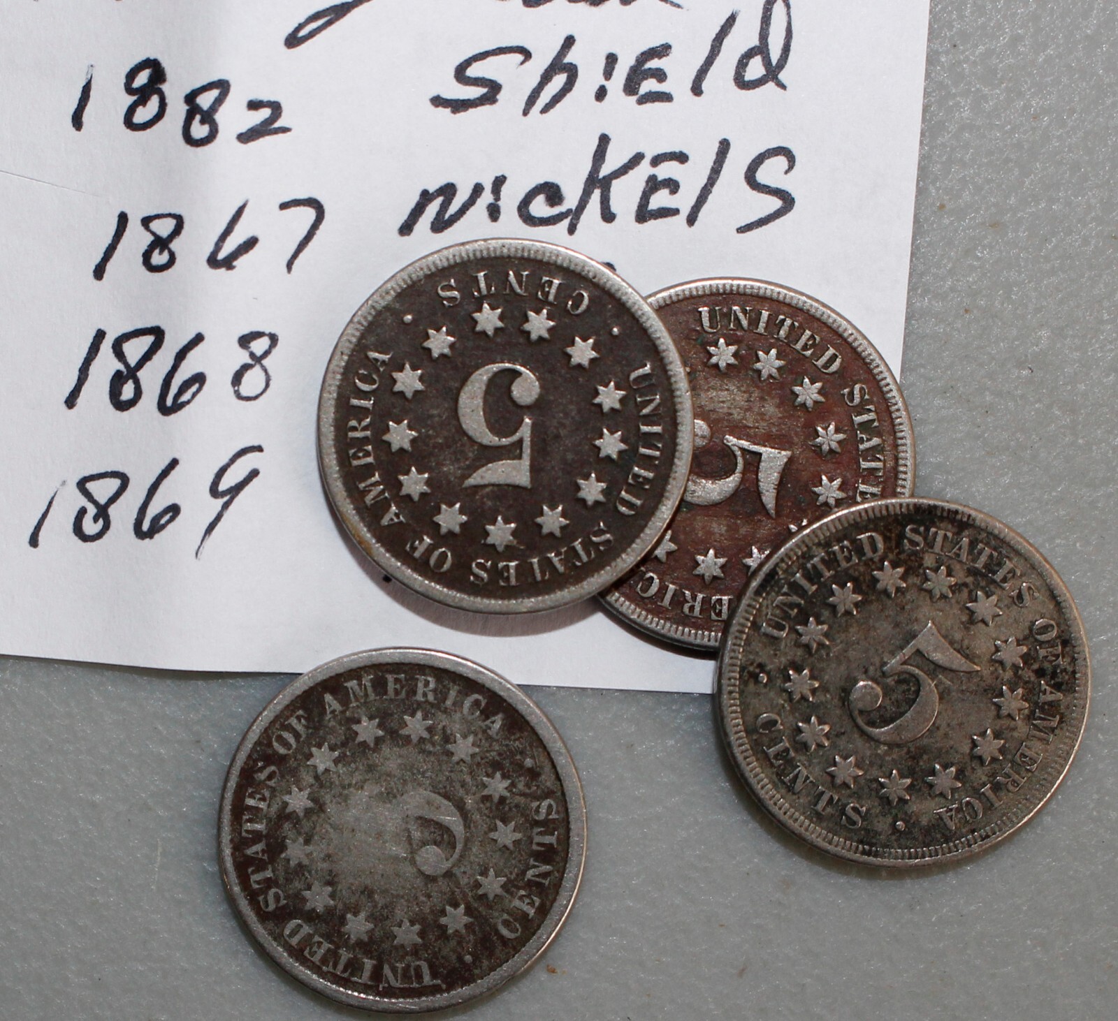 1867-1869 Shield Nickels Lot of 4 Copper Nickel 5c US Type Coins Dark ...