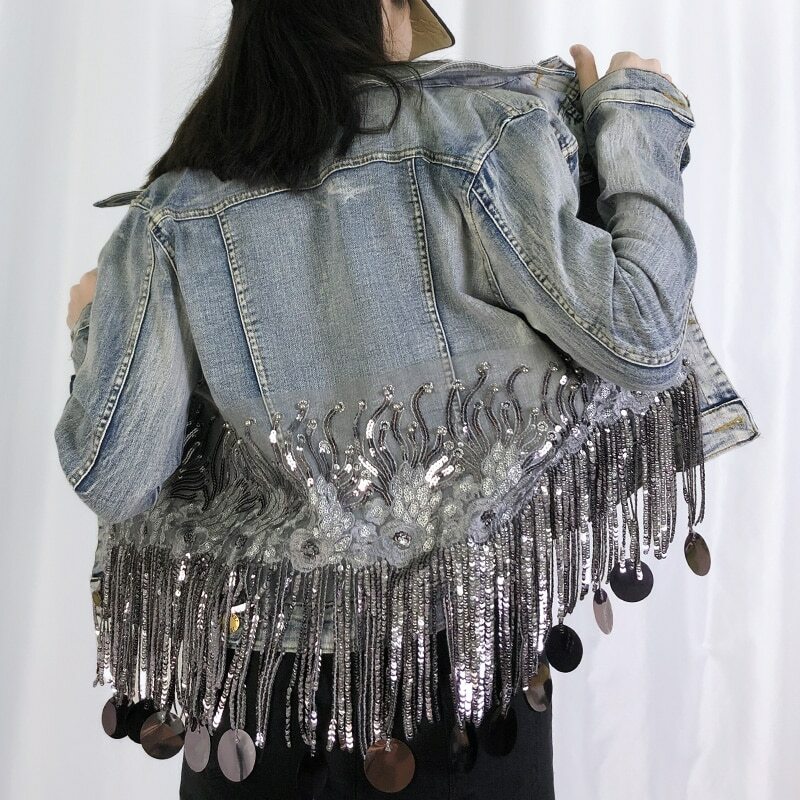 Women Denim Jacket Sequins Beading Tassels Slim Jean Coat Spring ...